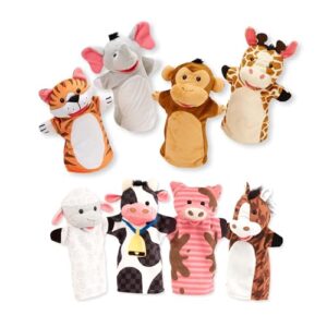 melissa & doug animal hand puppets (set of 2, 4 animals in each) - zoo friends and farm friends