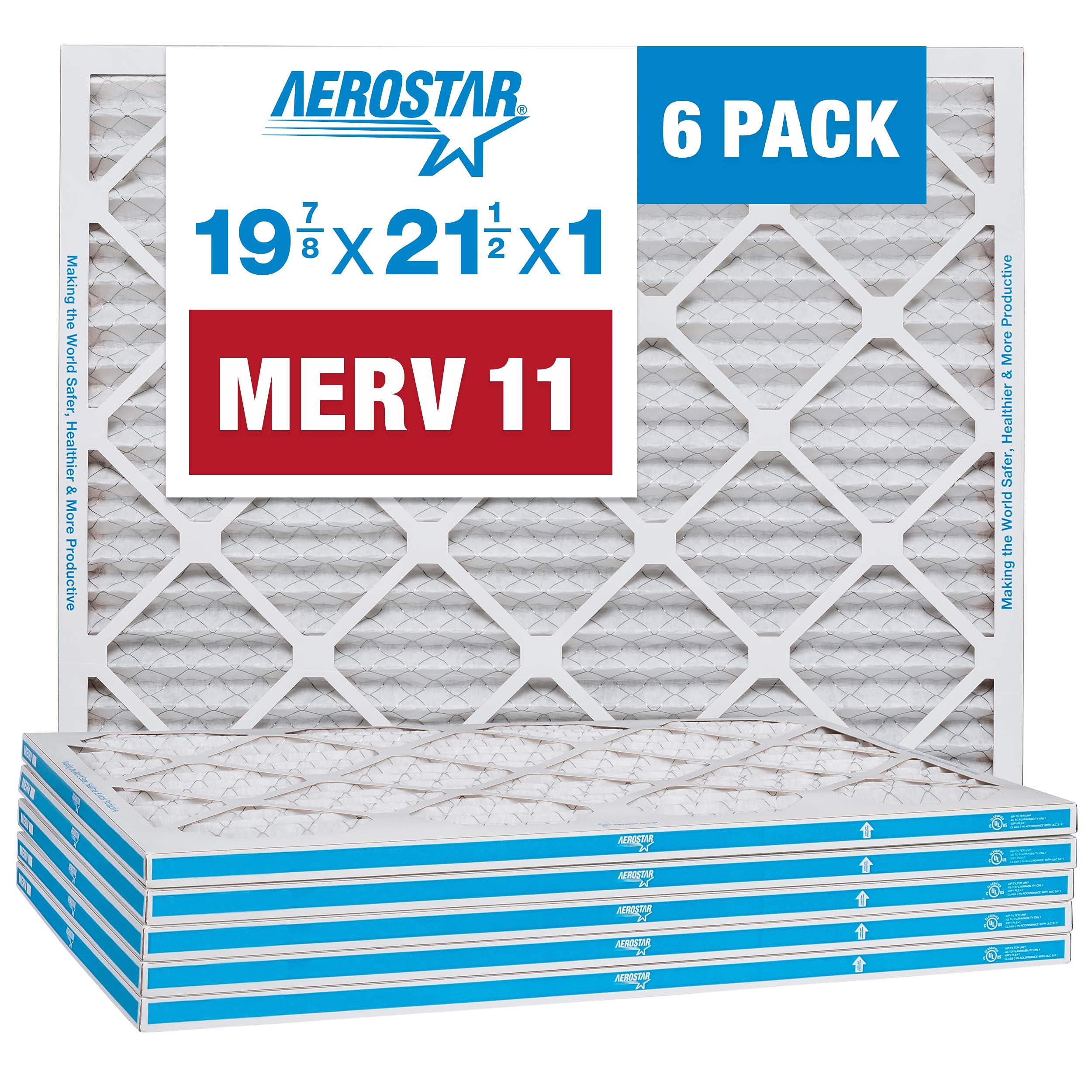 Aerostar 19 7/8 x 21 1/2 x 1 MERV 11 Pleated Air Filter, AC Furnace Air Filter, 6 Pack (Actual Size: 19 7/8"x21 1/2"x3/4")