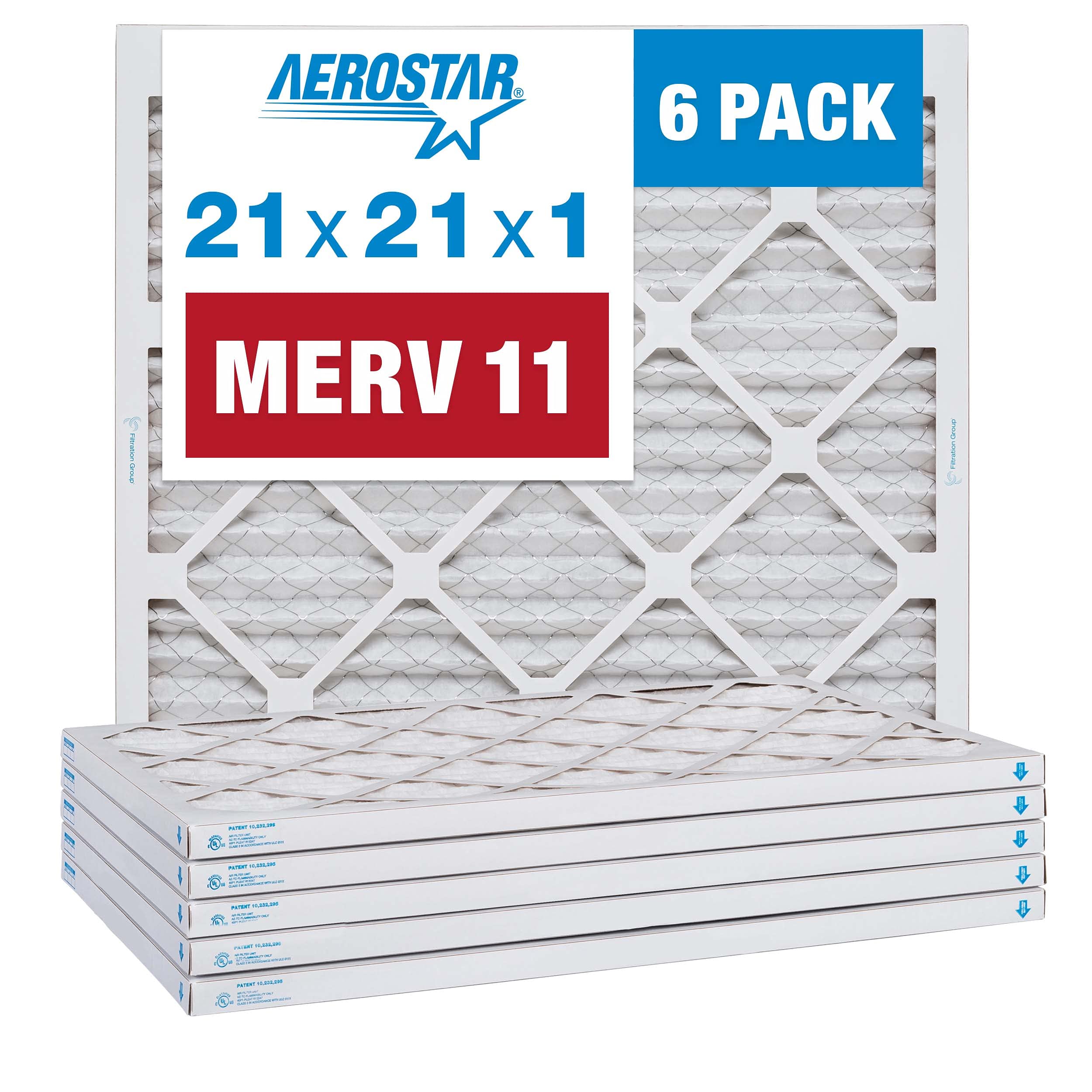 Aerostar 21x21x1 MERV 11 Pleated Air Filter, AC Furnace Air Filter, 6 Pack (Actual Size: 20.875" x 20.875" x 0.75")