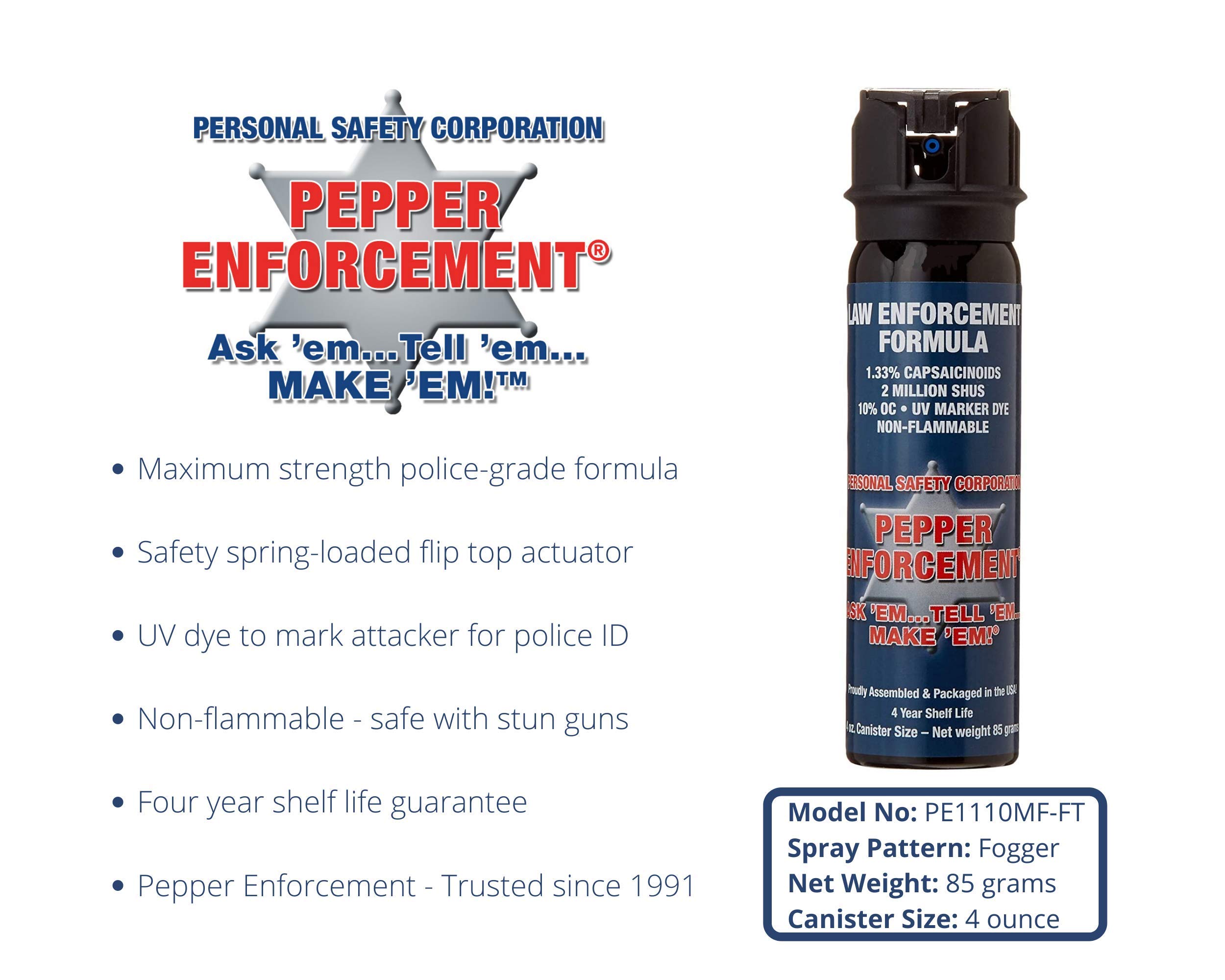 Pepper Enforcement PE1110MF-FT Fogger Pepper Spray (Pack of 4) - 10% OC Maximum Strength Formula - Emergency Self Defense Personal Protection (4)