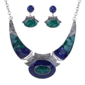 yazilind ethnic dark blue green embossed bib collar earrings necklace jewelry set women