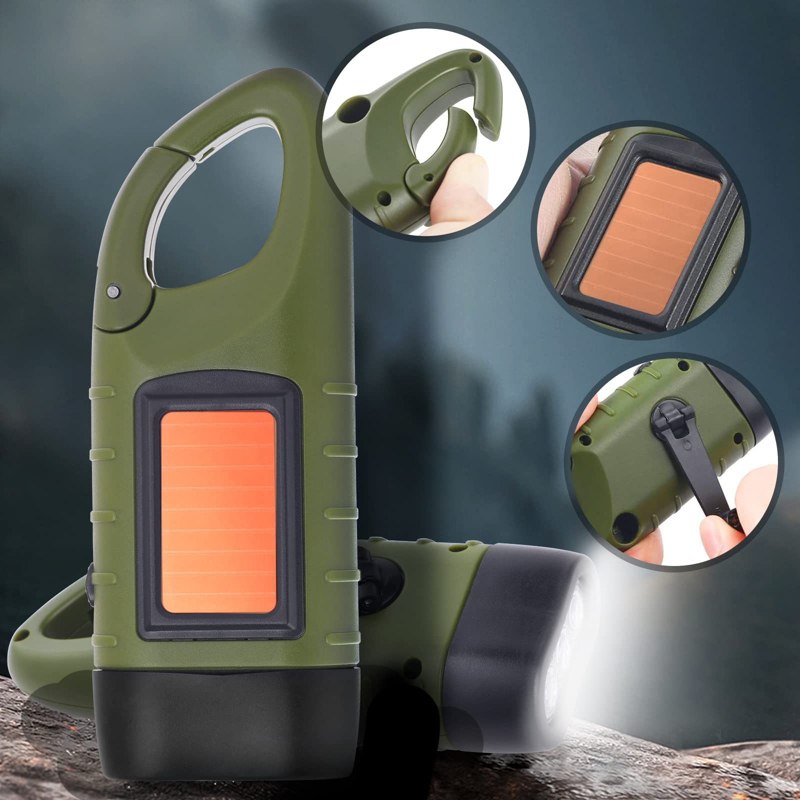 Simpeak 2-Pack Hand Crank Solar Powered Flashlight, Emergency Rechargeable LED Flashlight, Survival Flashlight, Quick Snap Carbiner Dynamo Flashlight Torch for Outdoor Sports, Green