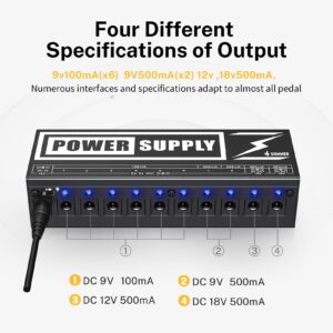 Donner DP-2 Guitar Pedal Power Supply High Current 10 Isolated DC Output for 9V/12V/18V Effect Pedals