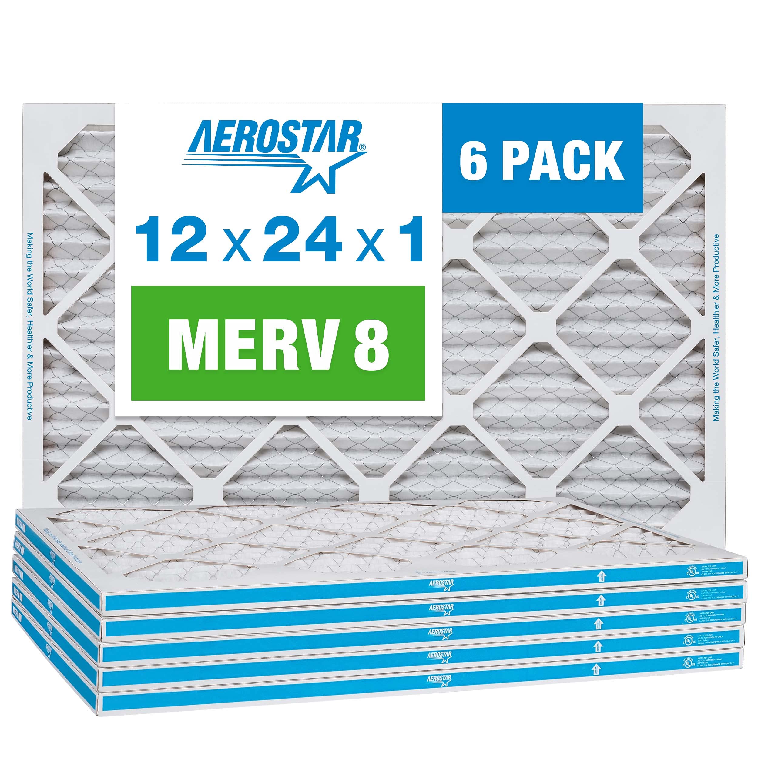 Aerostar 12x24x1 MERV 8 Pleated Air Filter, AC Furnace Air Filter, 6 Pack (Actual Size: 11 3/4" x 23 3/4" x 3/4")