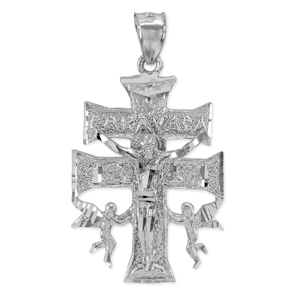 Religious Jewelry by FDJ 925 Sterling Silver Caravaca Double Cross with Angels Crucifix Pendant