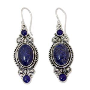 novica artisan handmade lapis lazuli dangle earrings ornate sterling silver with blue india snorkel birthstone [2 in l x 0.6 in w x 0.3 in d] ' johari treasure'