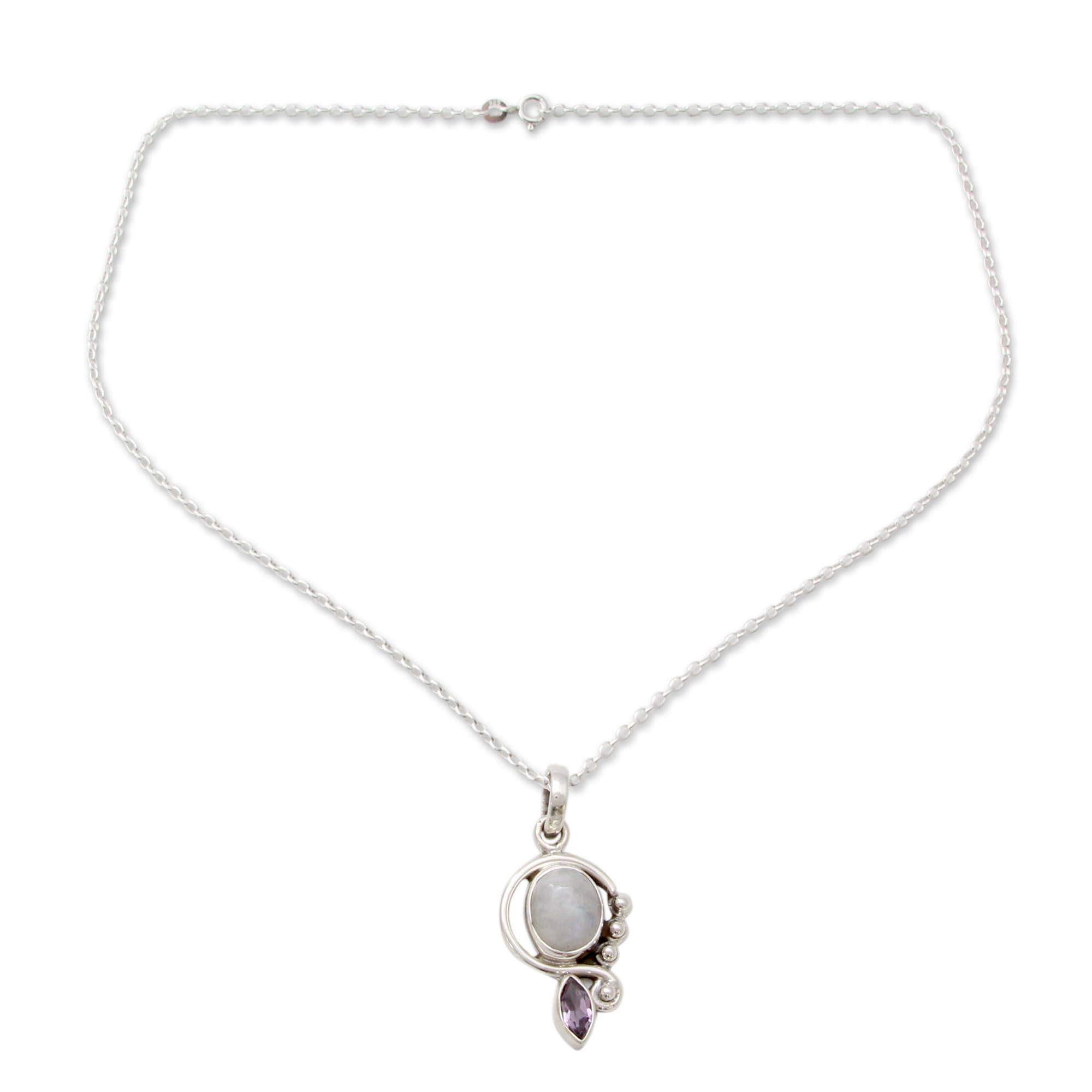 NOVICA Artisan Handcrafted Rainbow Moonstone Amethyst Pendant Necklace Silver Sterling Clear Purple India Birthstone [18 in L 2 mm W Pendant(s) 1.5 in L x 0.7 in W x 0.2 in D] ' Yours Forever'