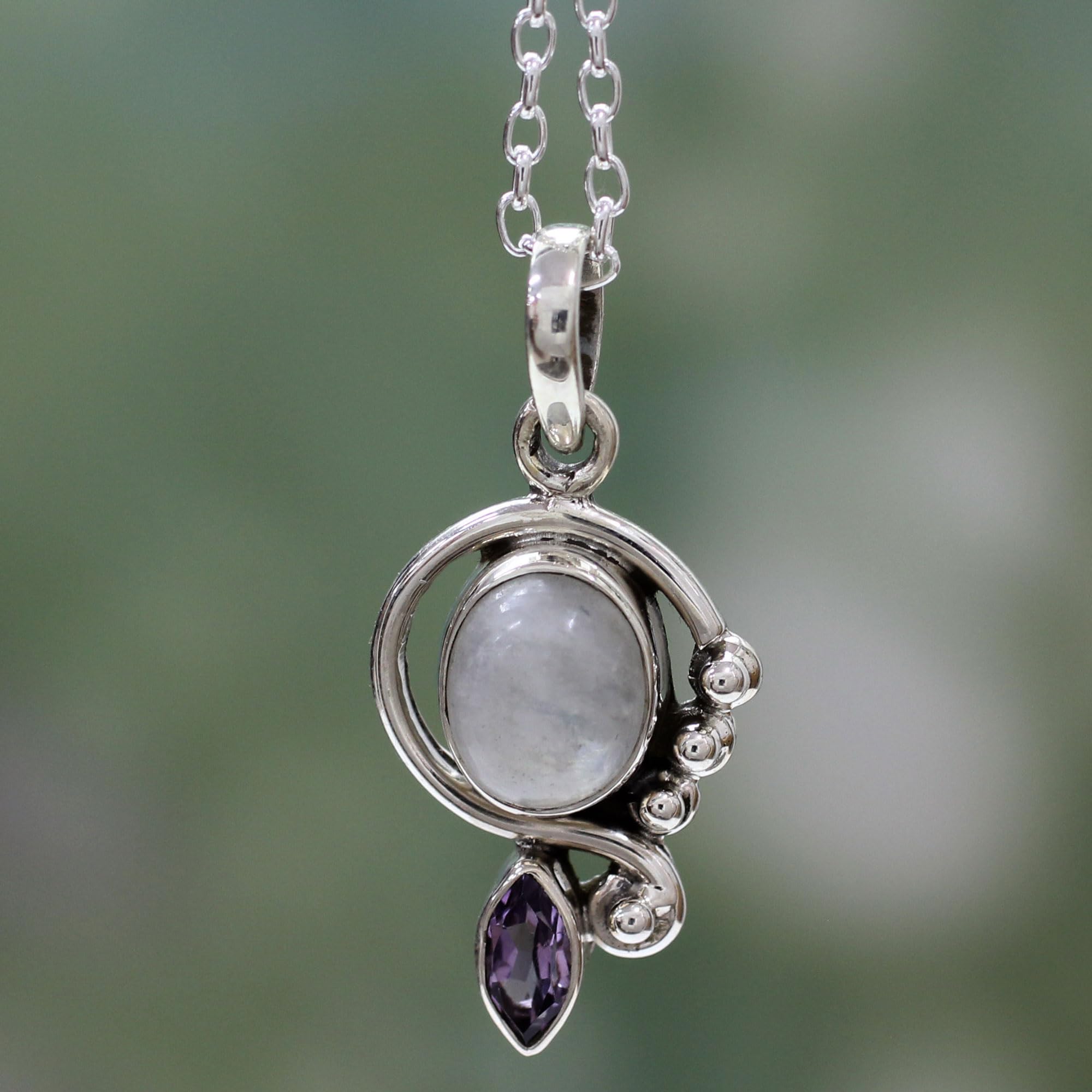 NOVICA Artisan Handcrafted Rainbow Moonstone Amethyst Pendant Necklace Silver Sterling Clear Purple India Birthstone [18 in L 2 mm W Pendant(s) 1.5 in L x 0.7 in W x 0.2 in D] ' Yours Forever'