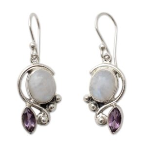 novica artisan handmade rainbow moonstone amethyst dangle earrings with silver sterling purple clear india orchid birthstone [1.6 in l x 0.5 in w x 0.2 in d] ' twilight'