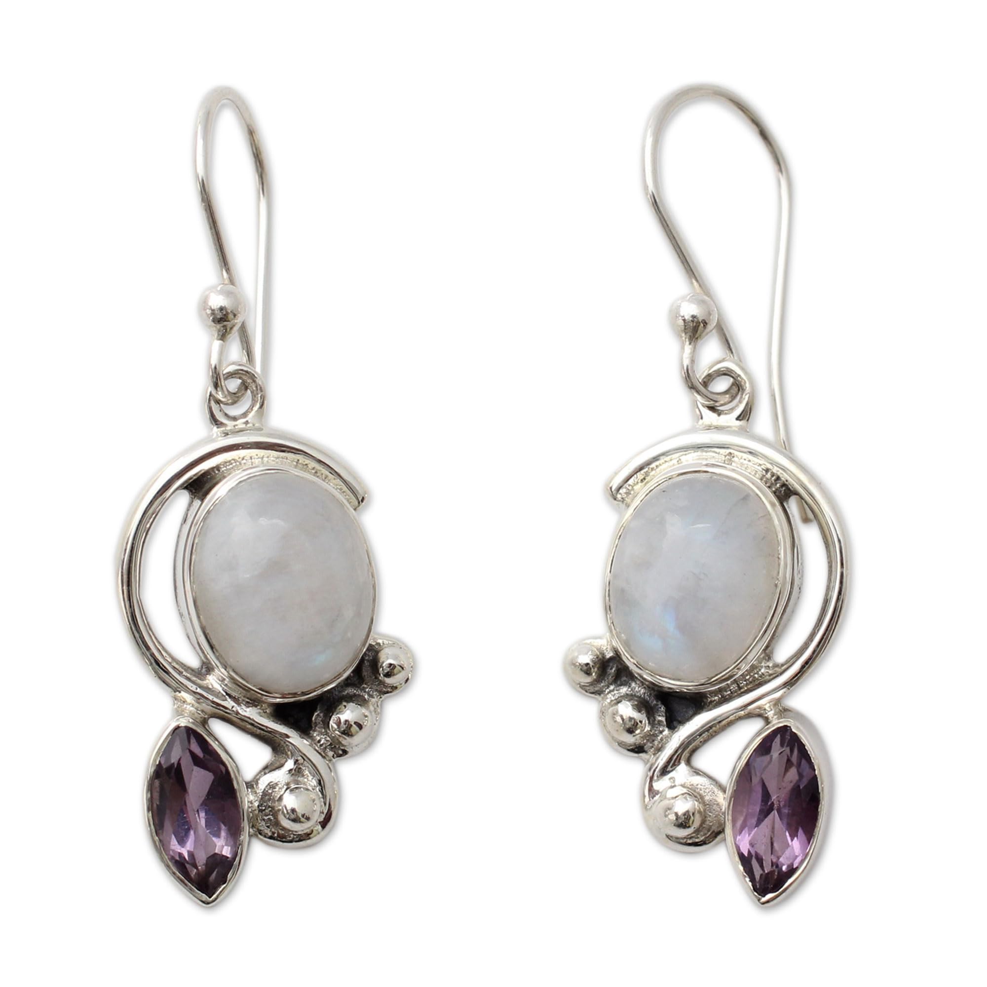 NOVICA Artisan Handmade Rainbow Moonstone Amethyst Dangle Earrings with Silver Sterling Purple Clear India Orchid Birthstone [1.6 in L x 0.5 in W x 0.2 in D] ' Twilight'