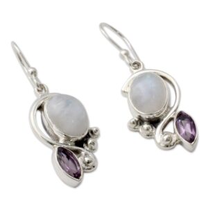 NOVICA Artisan Handmade Rainbow Moonstone Amethyst Dangle Earrings with Silver Sterling Purple Clear India Orchid Birthstone [1.6 in L x 0.5 in W x 0.2 in D] ' Twilight'