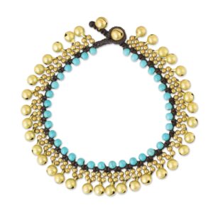 novica artisan handmade brass calcite anklet with blue jingling bells turquoise gold tone brown beaded thailand scuba [9.75 in min l x 10.5 in max l x 0.8 in w] ' blue bells'