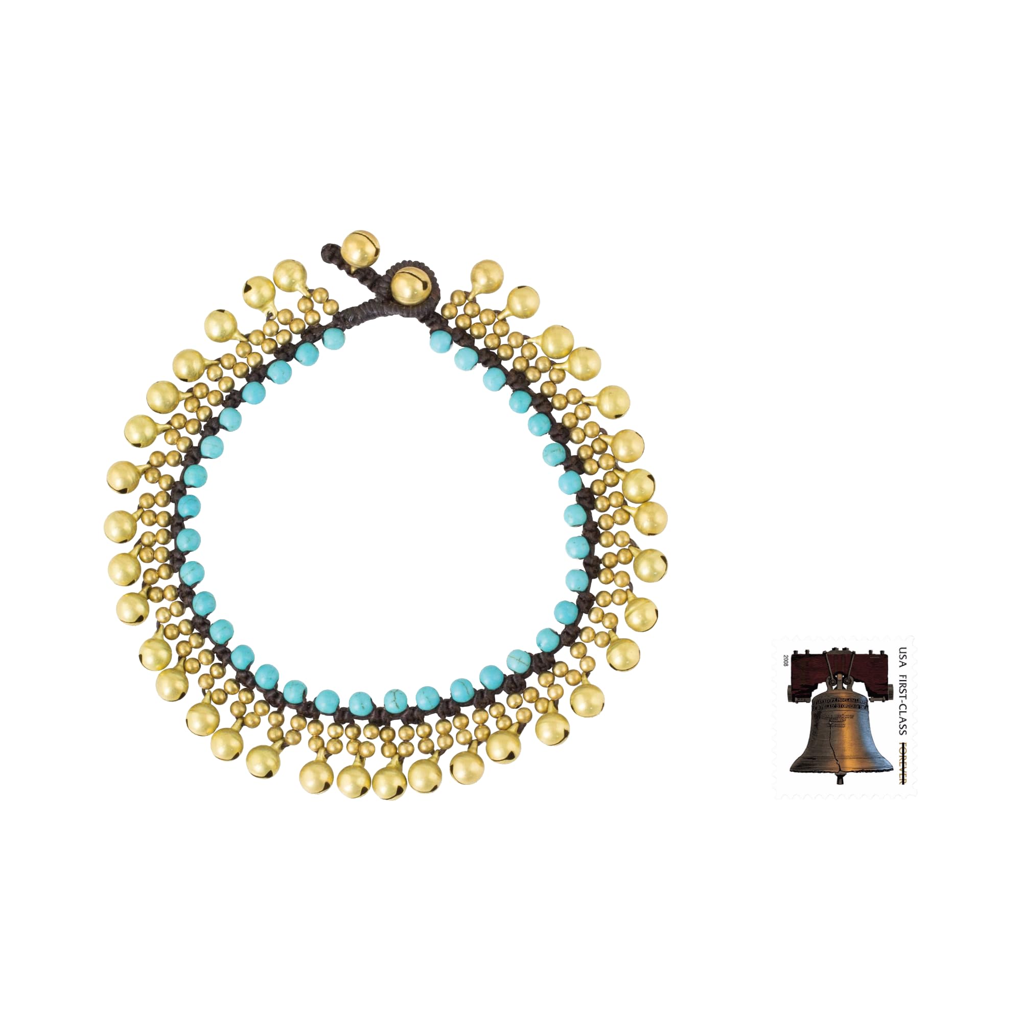 NOVICA Artisan Handmade Brass Calcite Anklet with Blue Jingling Bells Turquoise Gold Tone Brown Beaded Thailand Scuba [9.75 in min L x 10.5 in max L x 0.8 in W] ' Blue Bells'