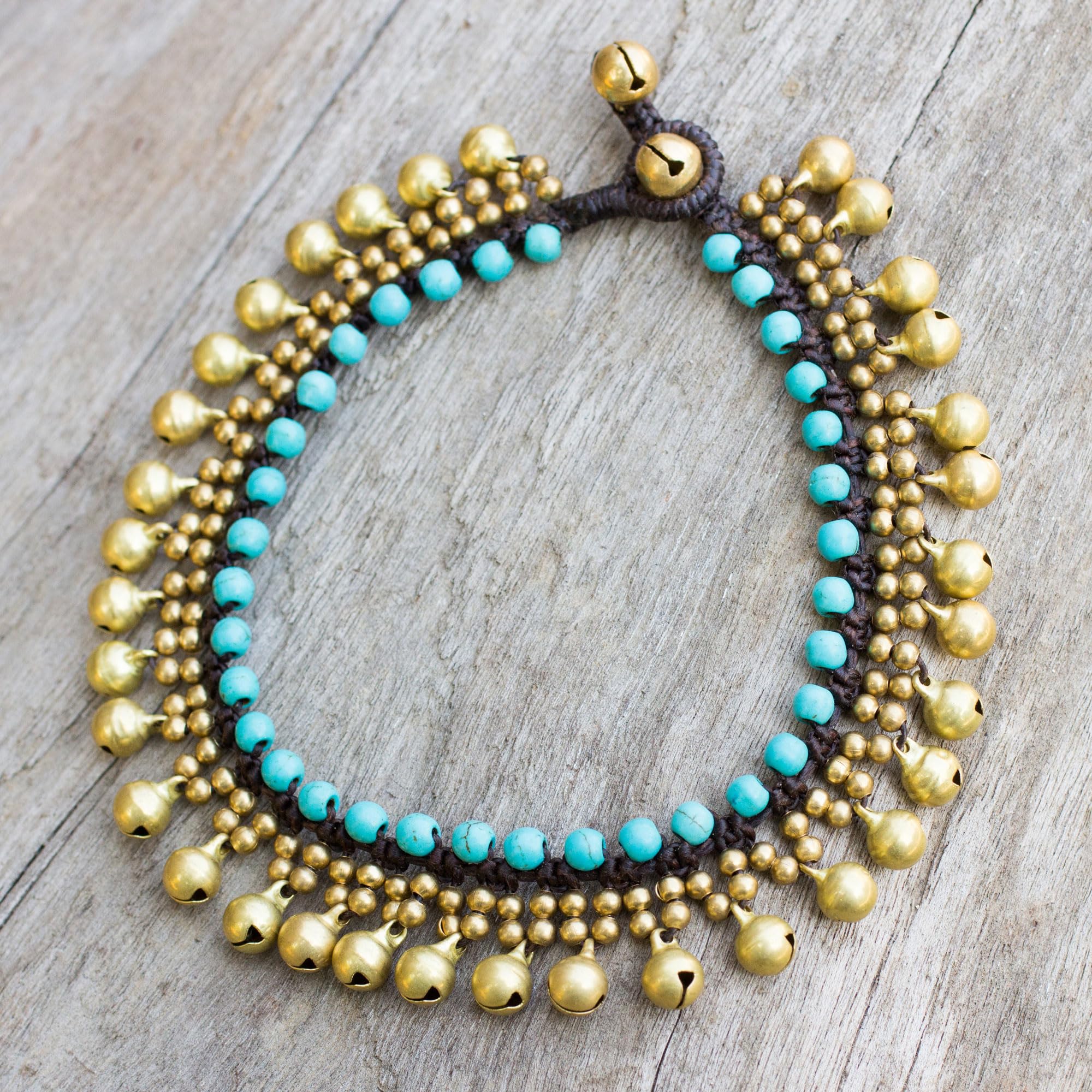 NOVICA Artisan Handmade Brass Calcite Anklet with Blue Jingling Bells Turquoise Gold Tone Brown Beaded Thailand Scuba [9.75 in min L x 10.5 in max L x 0.8 in W] ' Blue Bells'