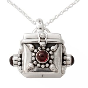 novica handmade .925 sterling silver garnet prayer box pendant necklace artisan crafted in burgundy red india spiritual birthstone 'royal prayer'