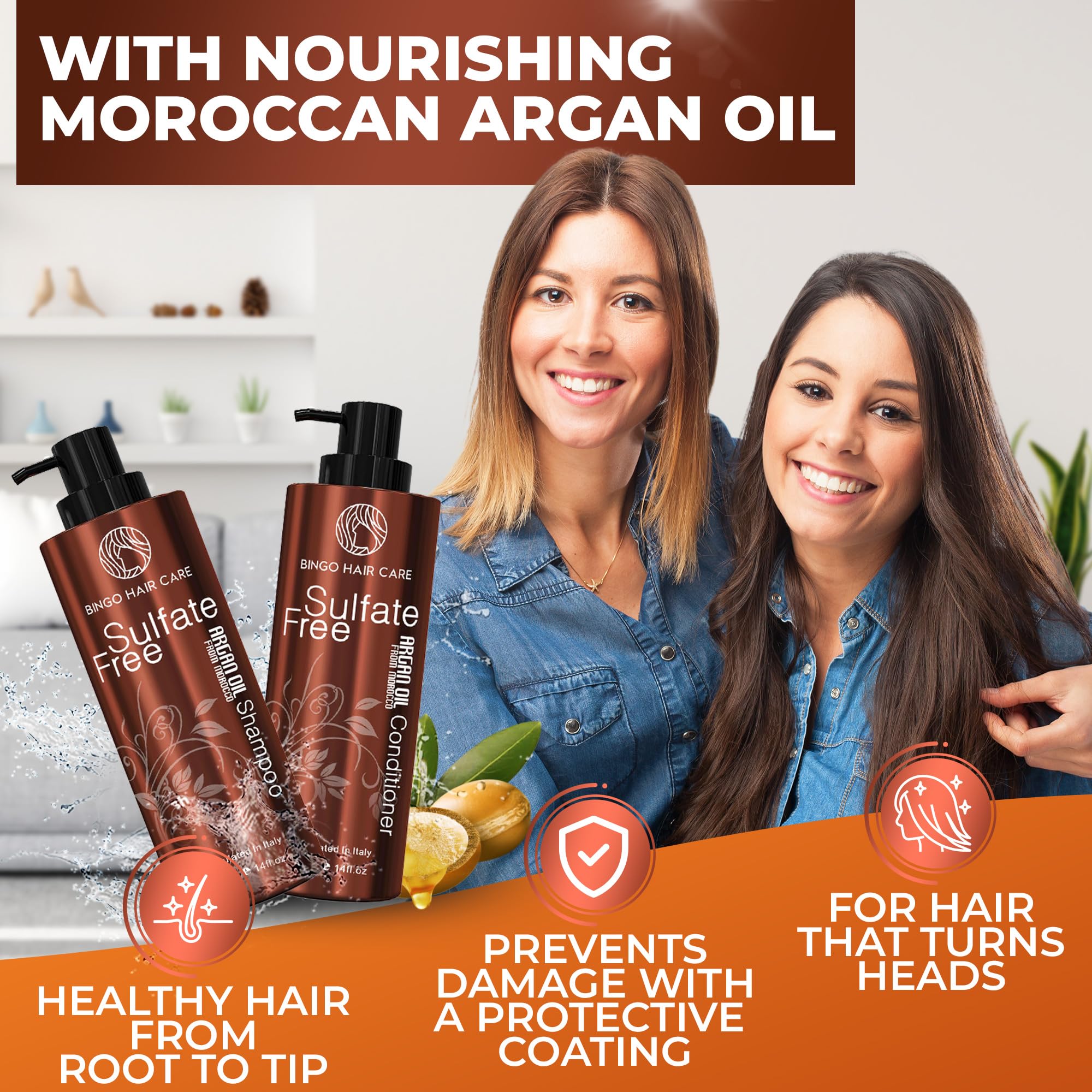 Moroccan Argan Oil Shampoo and Conditioner Set - Sulfate Free, Anti Frizz Hydrating Care for Women - Deep Moisturizing Treatment for Color, Keratin Treated, Curly, Damaged and Dry Hair