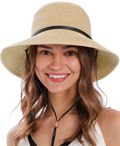 simplicity beach hats for women wide brim hat women sun protection foldable straw sun hat with chin strap sun hats for women, off-white brown mix