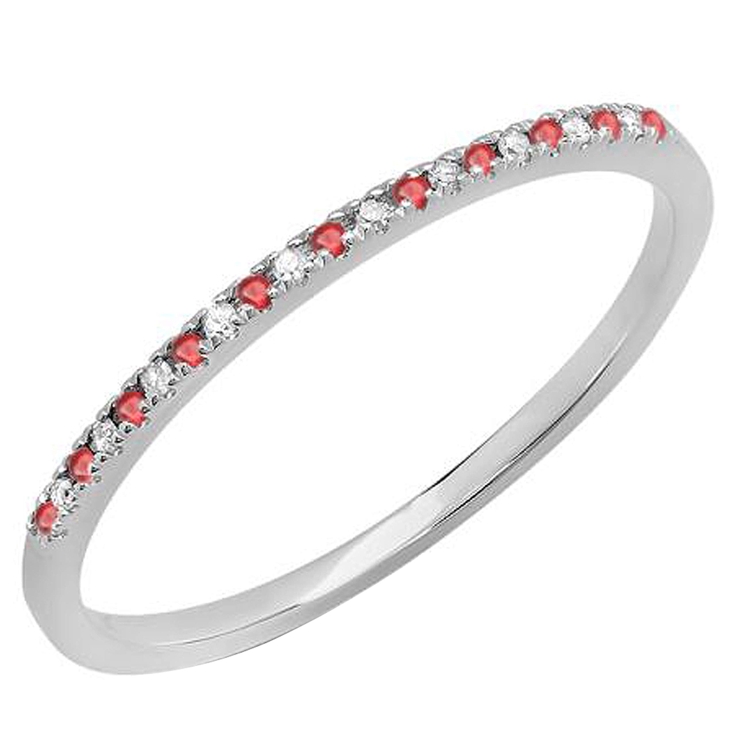 Dazzlingrock Collection Round Ruby & White Diamond Dainty Anniversary Stackable Wedding Band for Her in 10K White Gold, Size 7