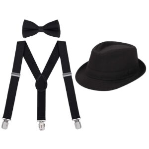 hde kids adjustable suspenders boys pre-tied bow tie and short brim fedora hat