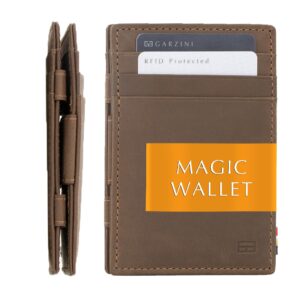 garzini magic wallet for men, minimalist wallet with rfid card holder, leather wallet for 10 cards, java brown