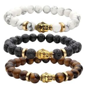 jovivi 8mm unisex black lava/tiger eye/ lapis energy stone mala beads with gold buddha bracelets