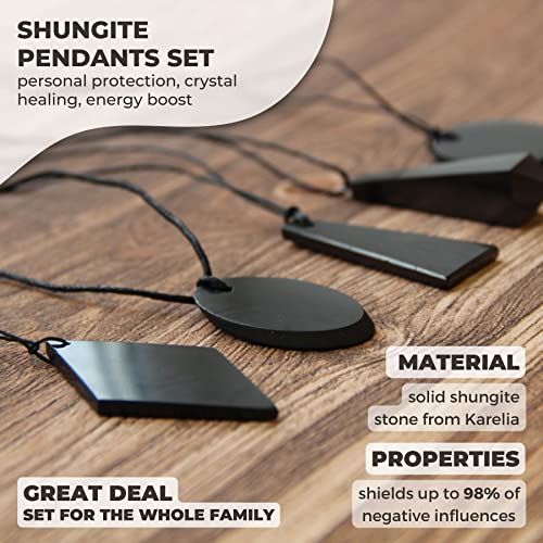 Karelian Heritage Shungite Stone Necklace Set | 5 Authentic Shungite Pendants | Defender Shield Protection Shungite Jewelry | Healing Necklace for Personal Protection, Meditation and Grounding S014