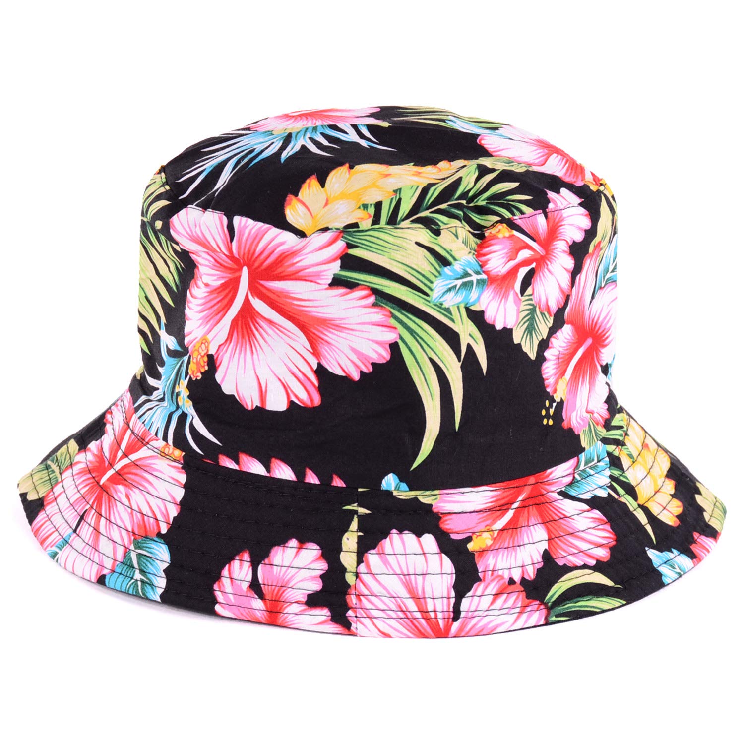 BYOS Fashion Cotton Unisex Summer Printed Bucket Sun Hat Cap, Various Patterns Available (Vintage Flower Black)