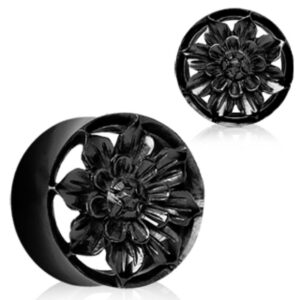 organic black buffalo horn flesh tunnel plug with carved dahlia flower