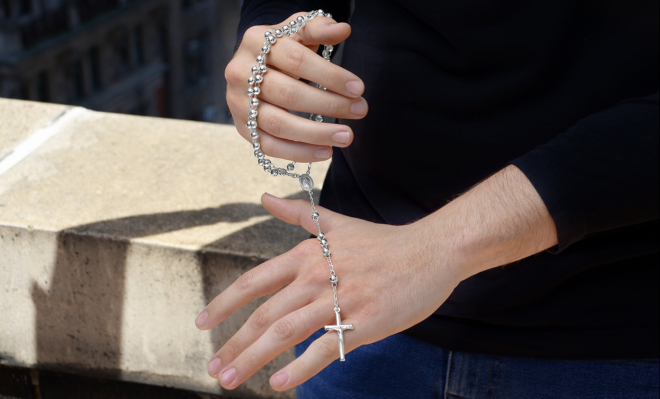 Unisex Sterling Silver Rosary Necklace Dainty 4mm-6mm Beads Handmade Italy, 24 Inch (5mm)