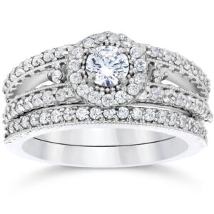 1 carat vintage halo diamond engagement wedding ring set 14k white gold - size 8