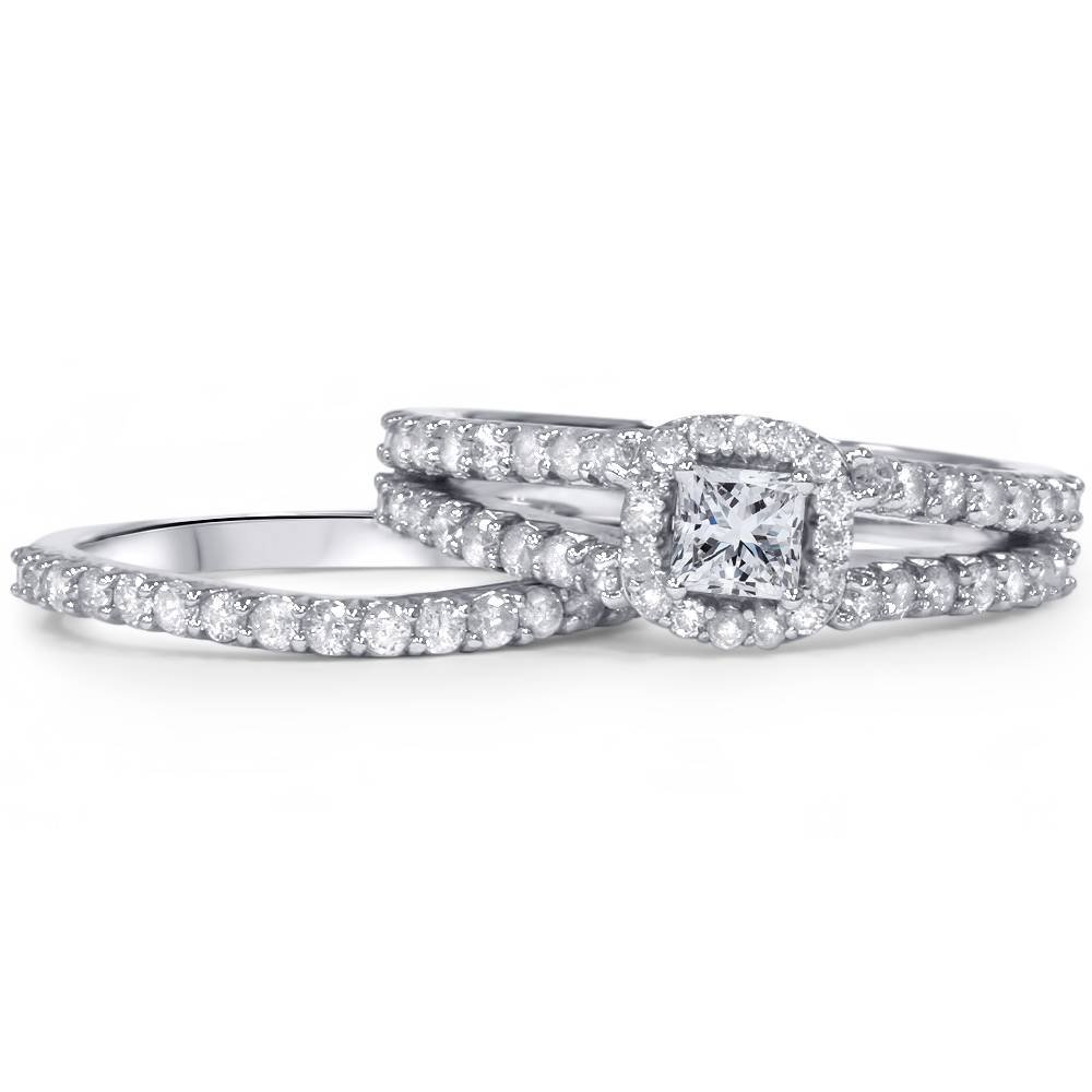 1 Carat Princess Cut Diamond Halo Engagement Wedding Ring Set White Gold - Size 10