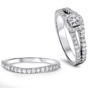 1 Carat Princess Cut Diamond Halo Engagement Wedding Ring Set White Gold - Size 10