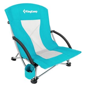 kingcamp profile beach, foding portable lightweight sand chair for big boy with cup holder,carry bag padded armrest for outdoor camping lawn concert traveling festival, low back, lowback_cyan