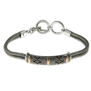 novica artisan handmade gold accented sterling silver bracelet 18k 925 no stone chain indonesia aluminum gray balinese traditional [7.25 in min l x 7.75 in max l x 0.3 in w] ' naga' s mystery'