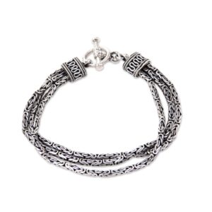 novica artisan handcrafted sterling silver braided bracelet no stone chain indonesia balinese traditional [7.75 in l x 0.4 in w chain width (each) 3 mm w] ' fountainhead'