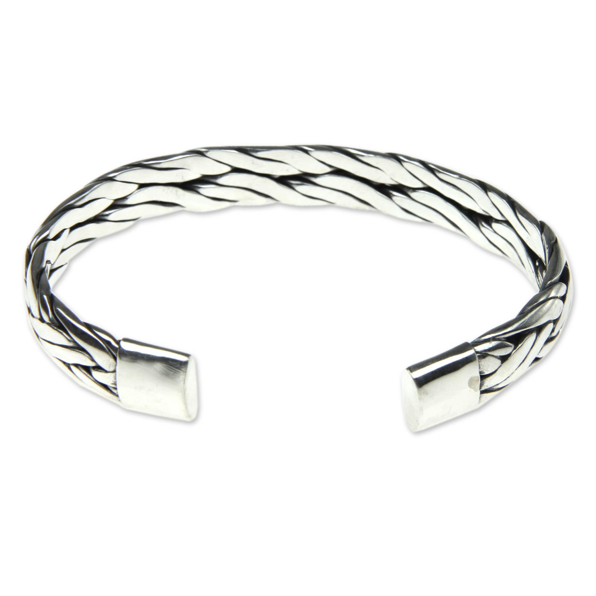 NOVICA Artisan Handmade Sterling Silver Cuff Bracelet Braided from Bali No Stone Indonesia Aluminum Gray [6 in L (end to End) x 0.4 in W] ' Singaraja Weave'