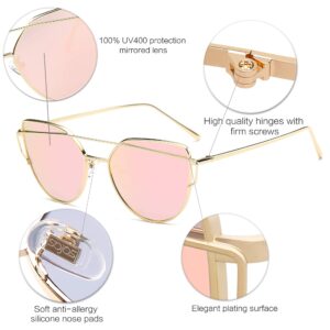 SOJOS Cat Eye Sunglasses for Women Fashion Designer Style Mirrored Lens SJ1001 Gold Frame/Pink Lens