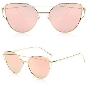 SOJOS Cat Eye Sunglasses for Women Fashion Designer Style Mirrored Lens SJ1001 Gold Frame/Pink Lens