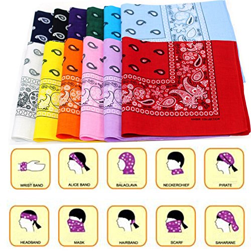 monochef One Dozen/12pcs Assorted Bandanas 22X22 Inch 100% Cotton Novelty Double Sided Print Paisley Cowboy Bandana Party Favor Scarf Headband Handkerchiefs