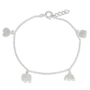 novica handmade .925 sterling silver charm bracelet elephant no stone thailand animal themed 'elephant gang'