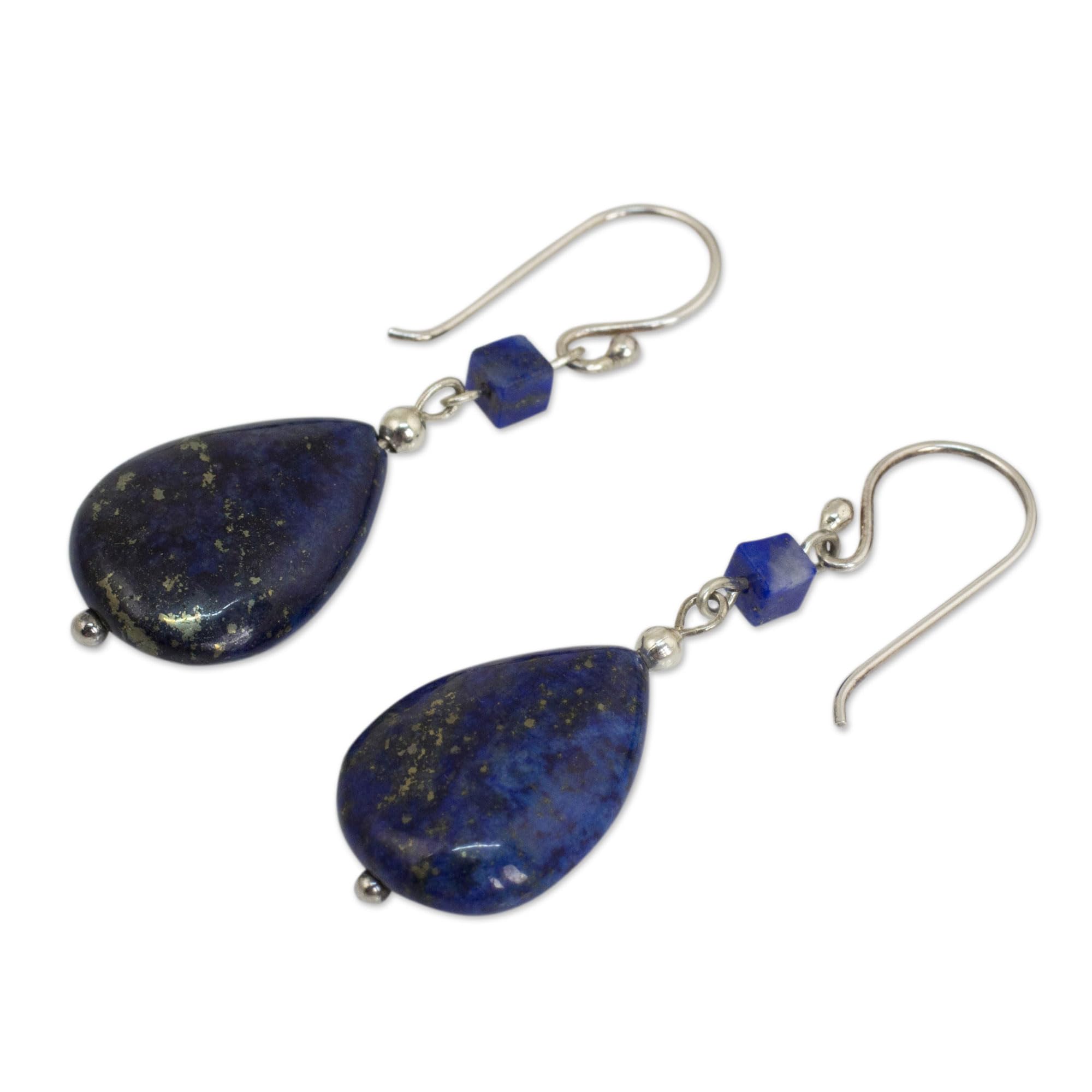 NOVICA Artisan Handmade Lapis Lazuli Dangle Earrings Sterling Silver Blue Thailand Royal Reflecting Pond Birthstone [1.7 in L x 0.5 in W] ' Blue Lily'