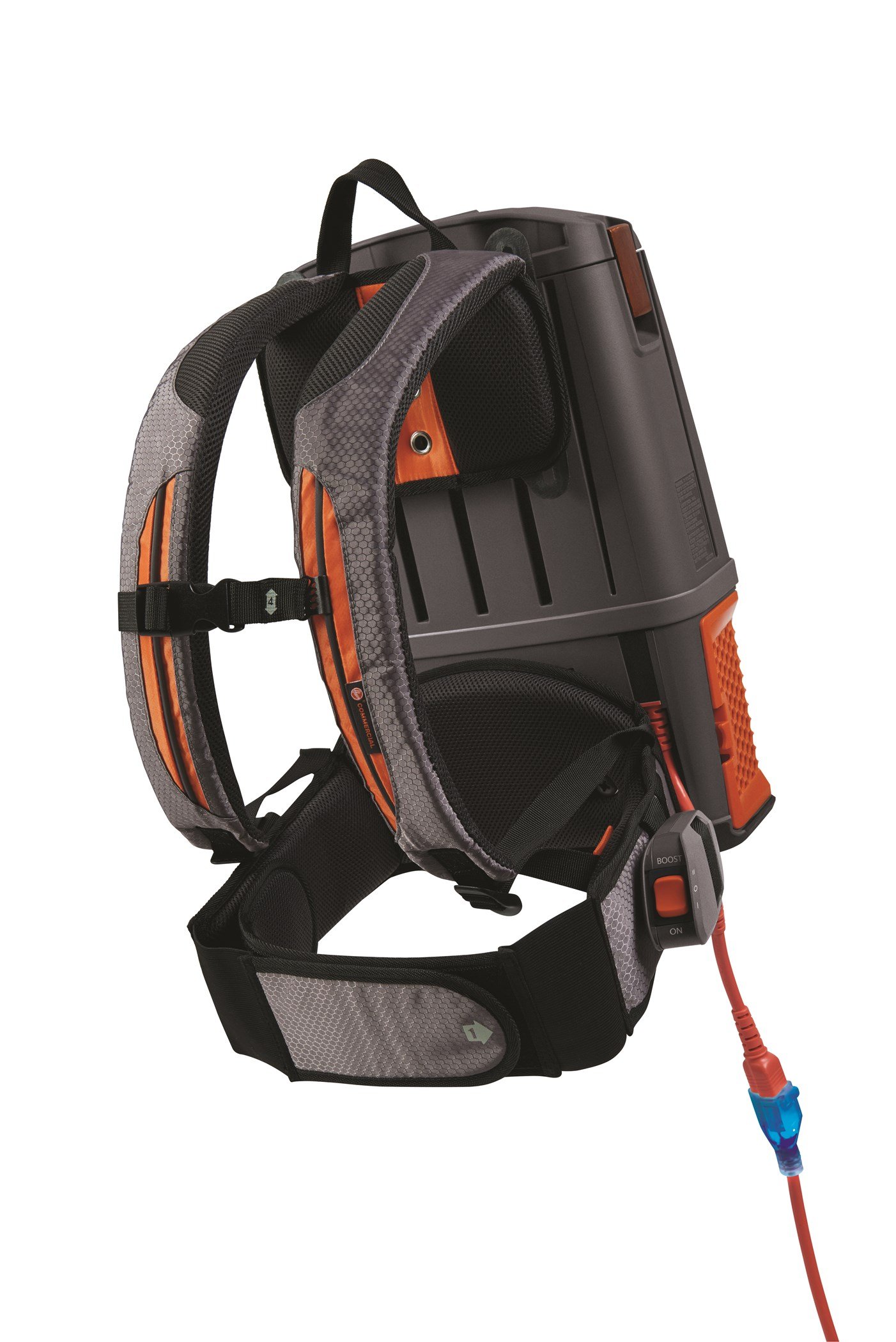 Hoover Commercial HushTone Back Pack 2 speed motor with HEPA Filtration and Hexaguard Technology, Extension wand, lightweight design, 6 quart, CH34006, Black/Orange