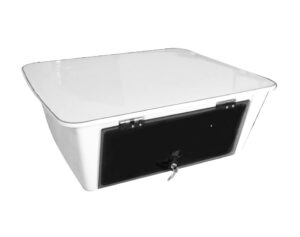 dolphin t tops overhead marine electronics e box ✮ fishing boat tower center console ebox ✮ fiberglass ✮ locking smoked glass ✮ safe stereo radio head unit storage ✮ water resistant ✮ 25"x23"x10"