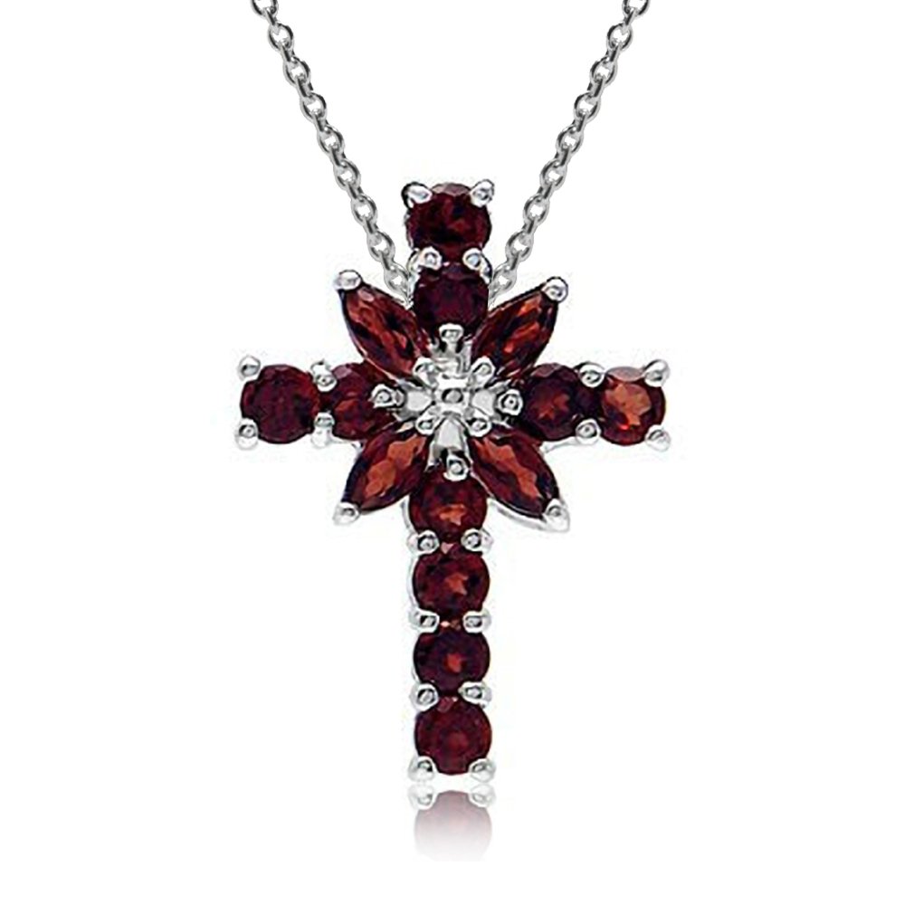 Silvershake 1.2ct. Natural Garnet White Gold Plated 925 Sterling Silver Cross Pendant with 18 Inch Chain Necklace