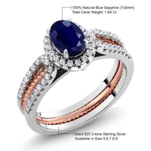 Gem Stone King 925 2-Tone Sterling Silver Blue Sapphire Women's Wedding Band Engagement Insert Stackable Ring (1.64 Cttw, Oval 7X5MM, Gemstone Birthstone, Available In Size 5, 6, 7, 8, 9)