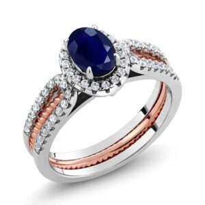 Gem Stone King 925 2-Tone Sterling Silver Blue Sapphire Women's Wedding Band Engagement Insert Stackable Ring (1.64 Cttw, Oval 7X5MM, Gemstone Birthstone, Available In Size 5, 6, 7, 8, 9)