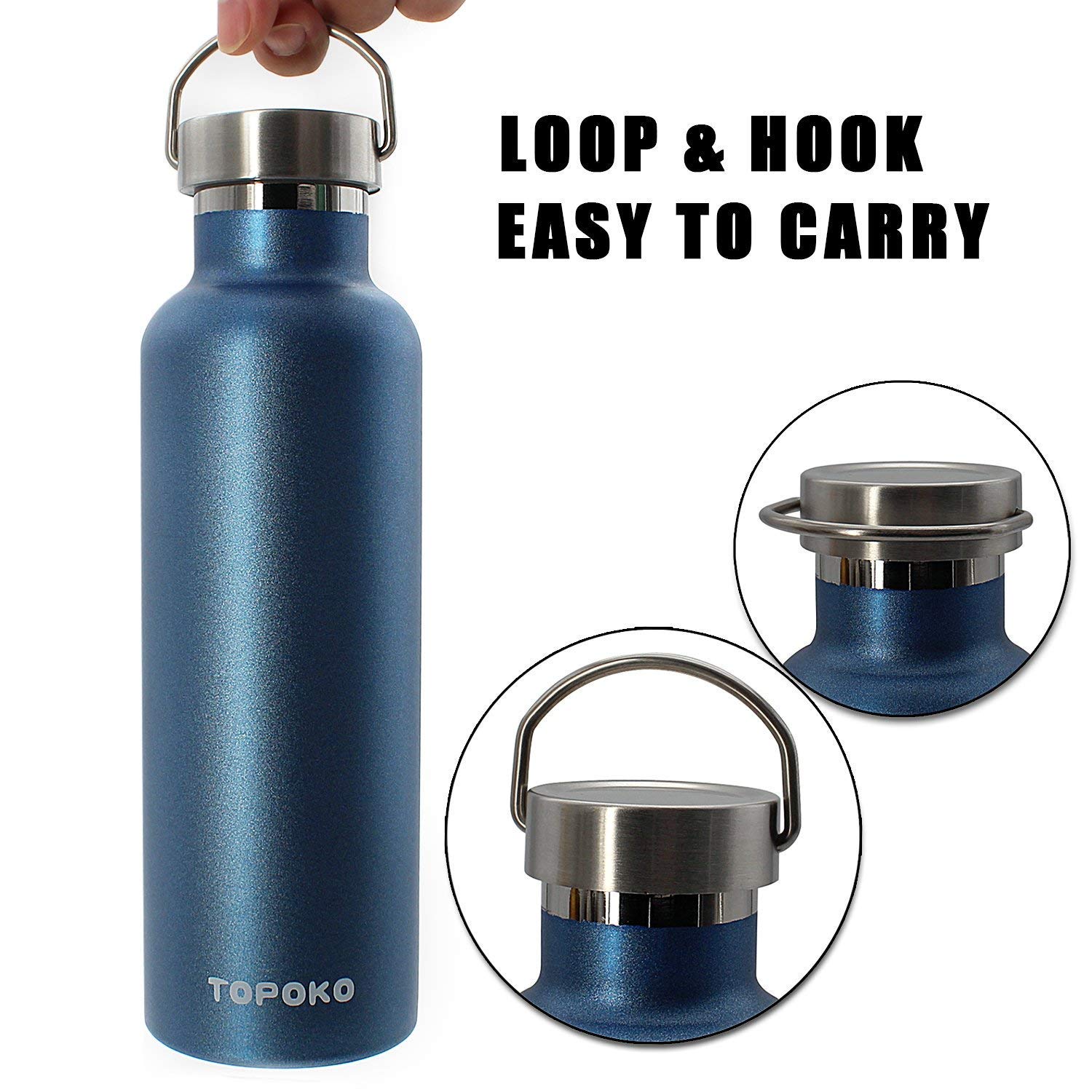 TOPOKO 25 oz Stainless Steel Vacuum Insulated Water Bottle, Keeps Drink Cold up to 24 Hours & Hot up to 12 Hours, Leak Proof and Sweat Proof. Large Capacity Sports Bottle Wide Mouth Metal Lid (Blue)