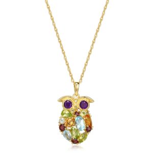 morgan & paige 18k yellow gold plated sterling silver genuine multi gemstone owl pendant necklace, 18"