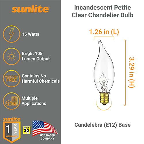 Sunlite Incandescent 15 Watt Petite Chandelier 105 Lumens Clear Light Bulb 12 Pack