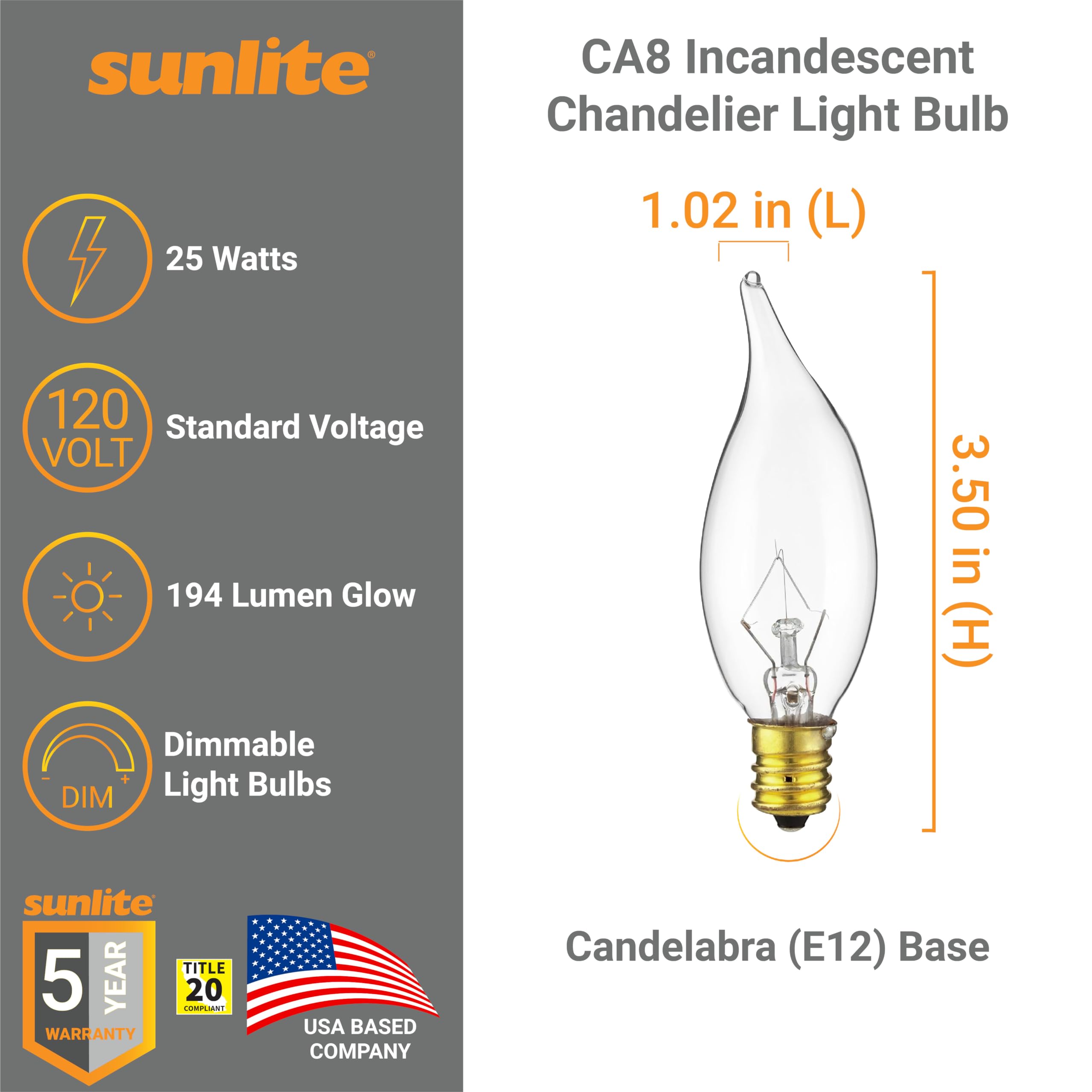 Sunlite Incandescent 25 Watt Petite Chandelier 194 Lumens Clear Light Bulb 12 Pack